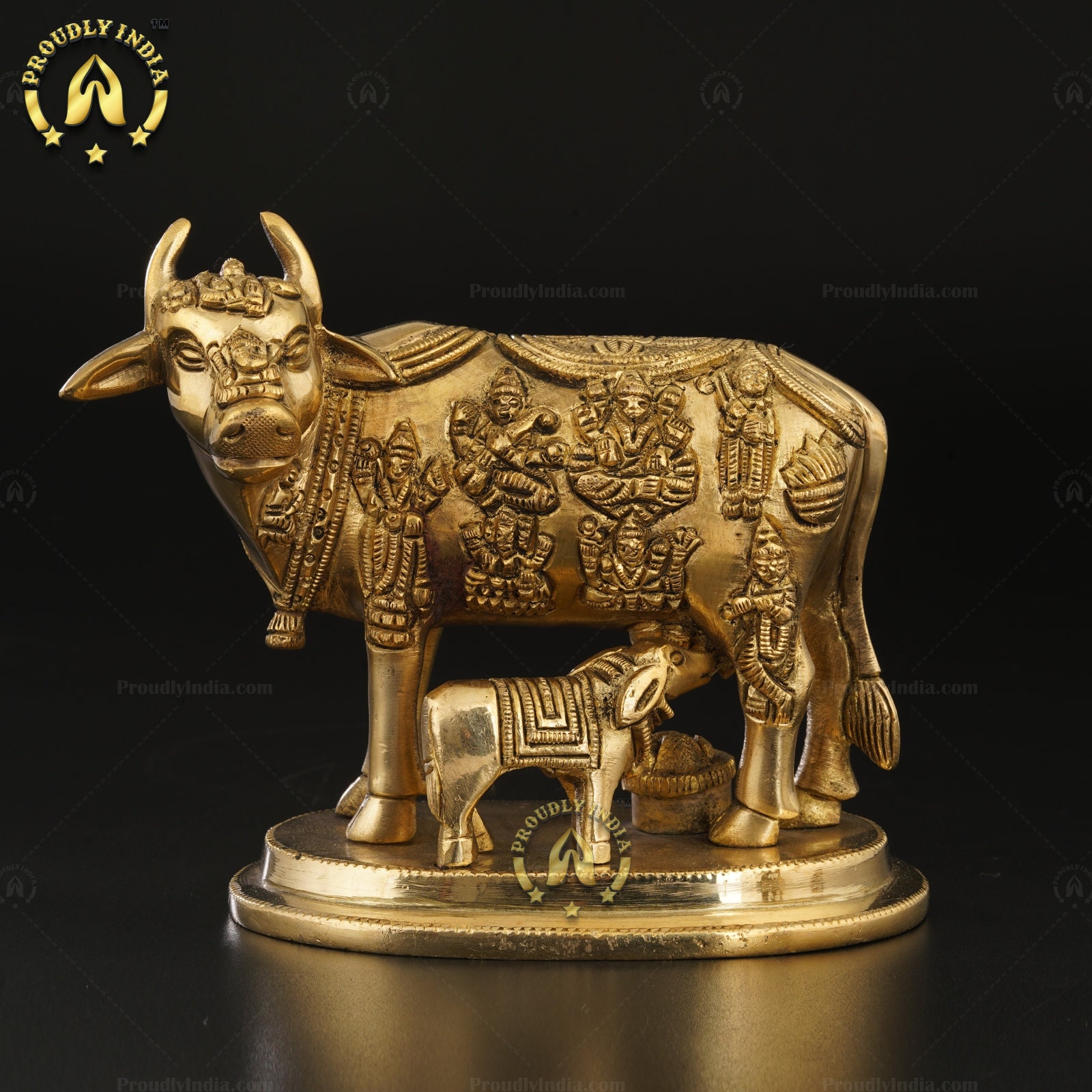 4.5-inch Brass Kamadhenu Idol: Divine Cow and Calf, Nandi & Gomatha ...
