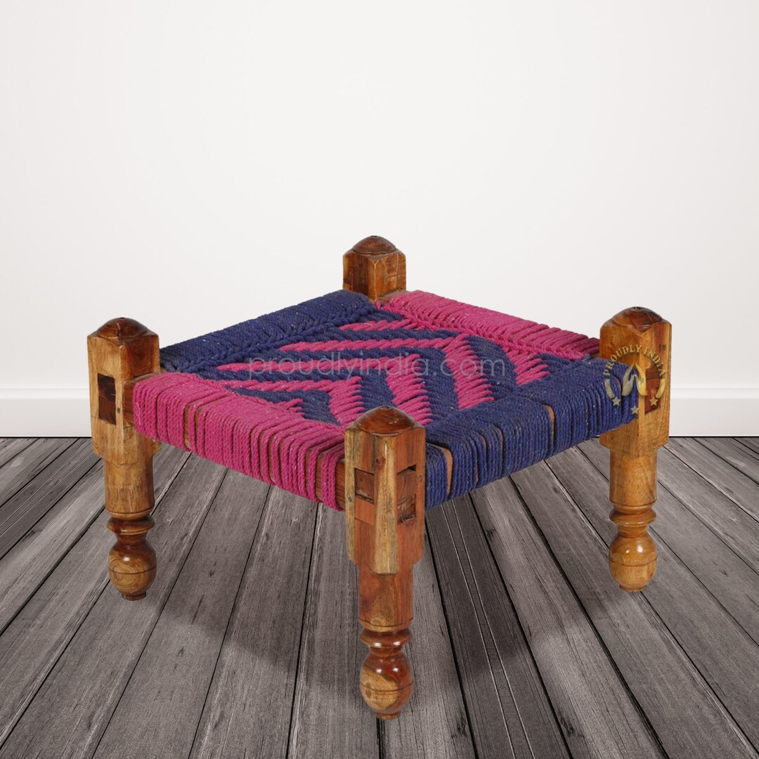 Vintage Handmade Chowki: Blue- Pink Knitted Jute Pidha,wooden Stool ...