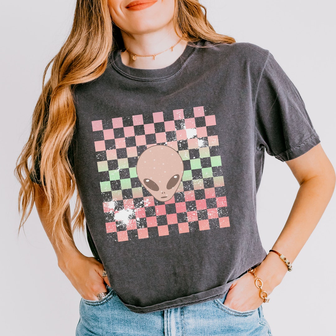 Trendy Aliens Ufo Shirts Comfort Color,funny Alien Checkered T Shirt ...
