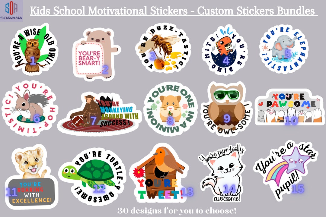 30 Kids Stickers, Motivational Messages for School,kids Digital ...