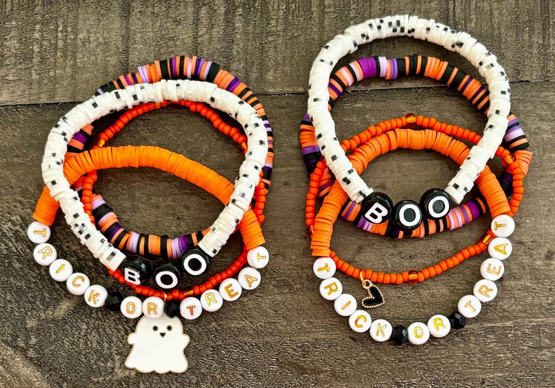 Halloween Bracelets Stack of 4- Trick or Treat. BOO. Ghost Charm. Black ...