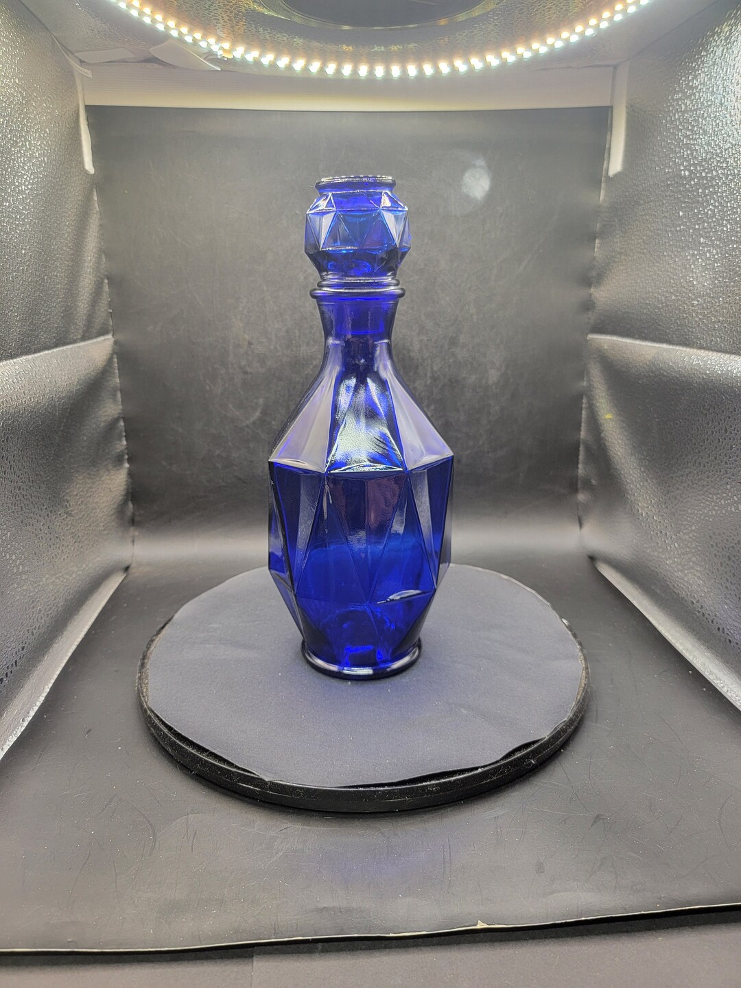Cobalt Blue, Glass, Triangle Faceted, Liquor Bottle, Beverage Decanter ...