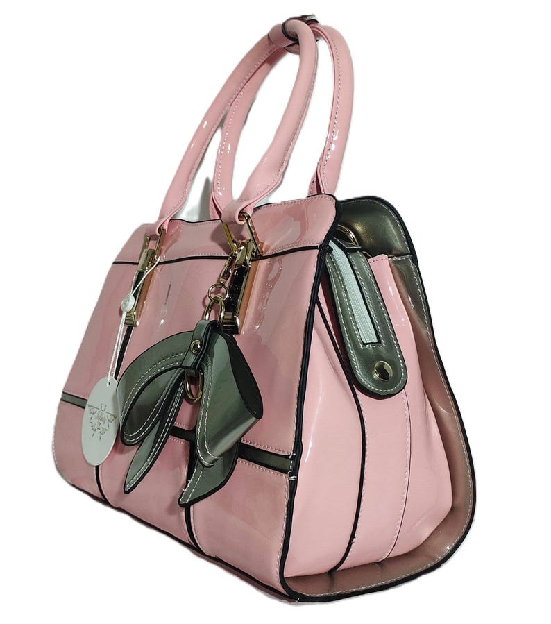 Pink Shiny Patent Leather Women's Shoulder Handbag With Bow Tie Keyring ...