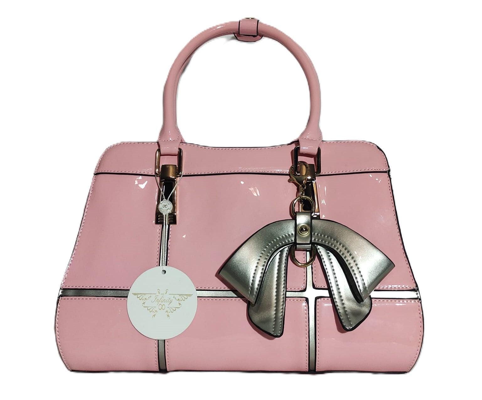 Pink Shiny Patent Leather Women's Shoulder Handbag With Bow Tie Keyring ...