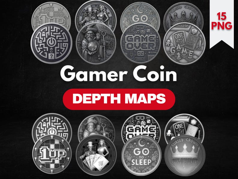 Gamer Coin Depth Map Pack: 3D Depth Maps for Laser Engraving (PNG ...