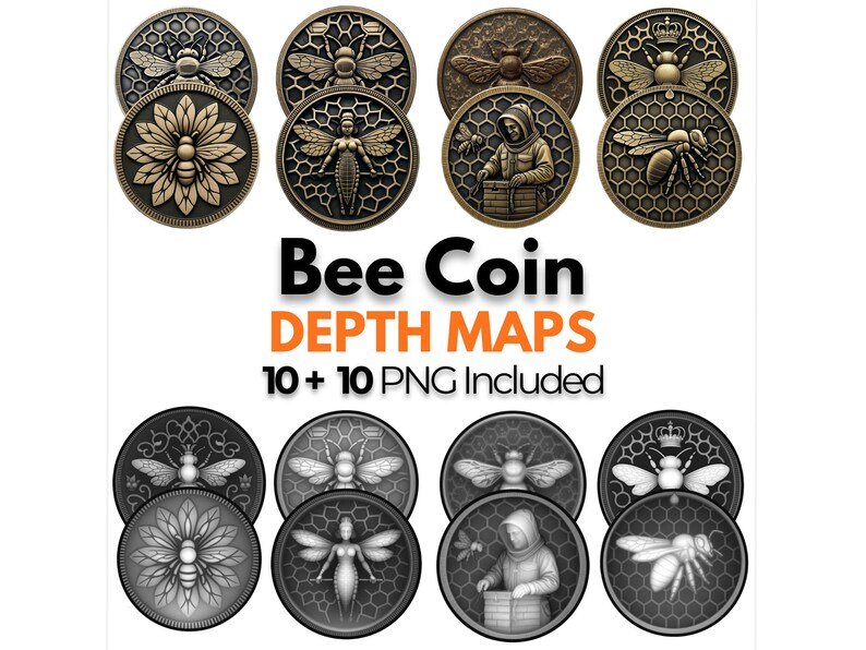 Bee Coin Depth Map Bundle: 3D Depth Maps for Laser Engraving (PNG ...