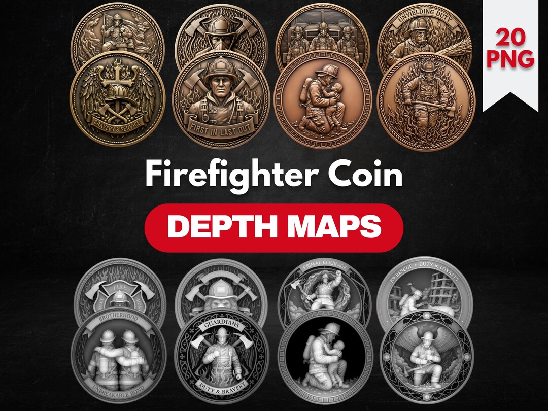 Firefighter Coin Depth Map Bundle: 3D Depth Maps for Laser Engraving ...