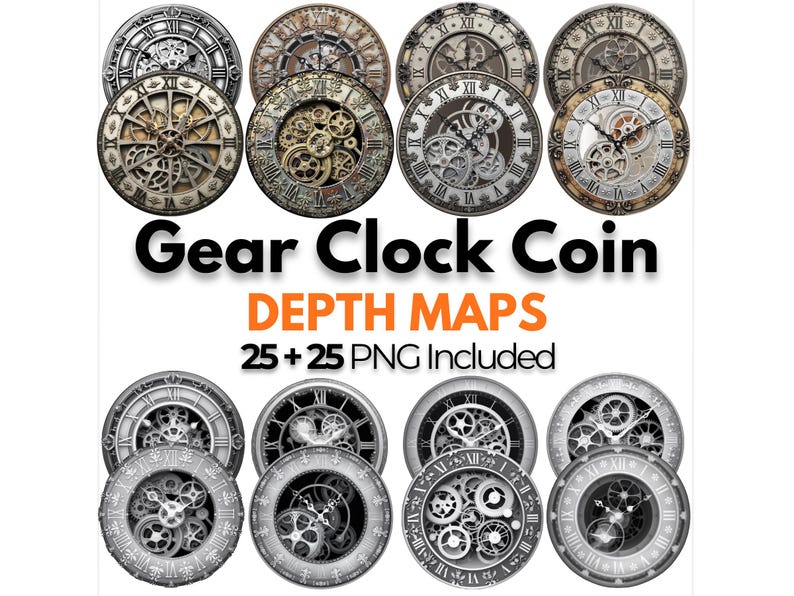 Gear Clock Coin Depth Map Bundle: 3D Depth Maps for Laser Engraving (PNG + Depthmaps) - Etsy