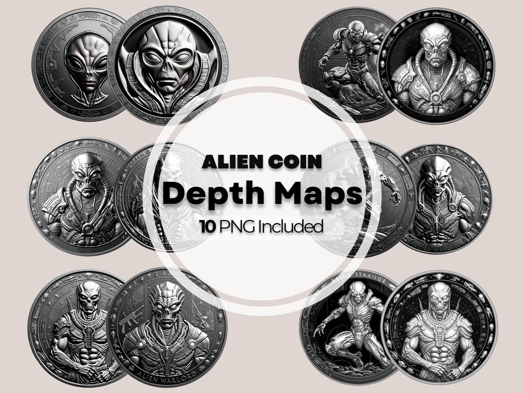 Alien Coin 3d Embossing Files Aliens Coin PNG Grayscale Coin Depth Map ...
