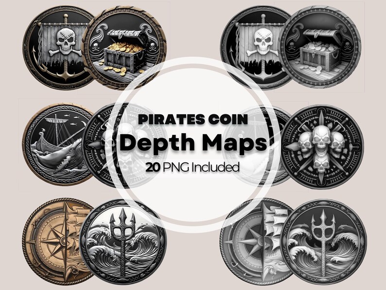 Pirate Coin 3D Depth Map PNG Bundle Pirates Treasure Laser Engrave Coin ...