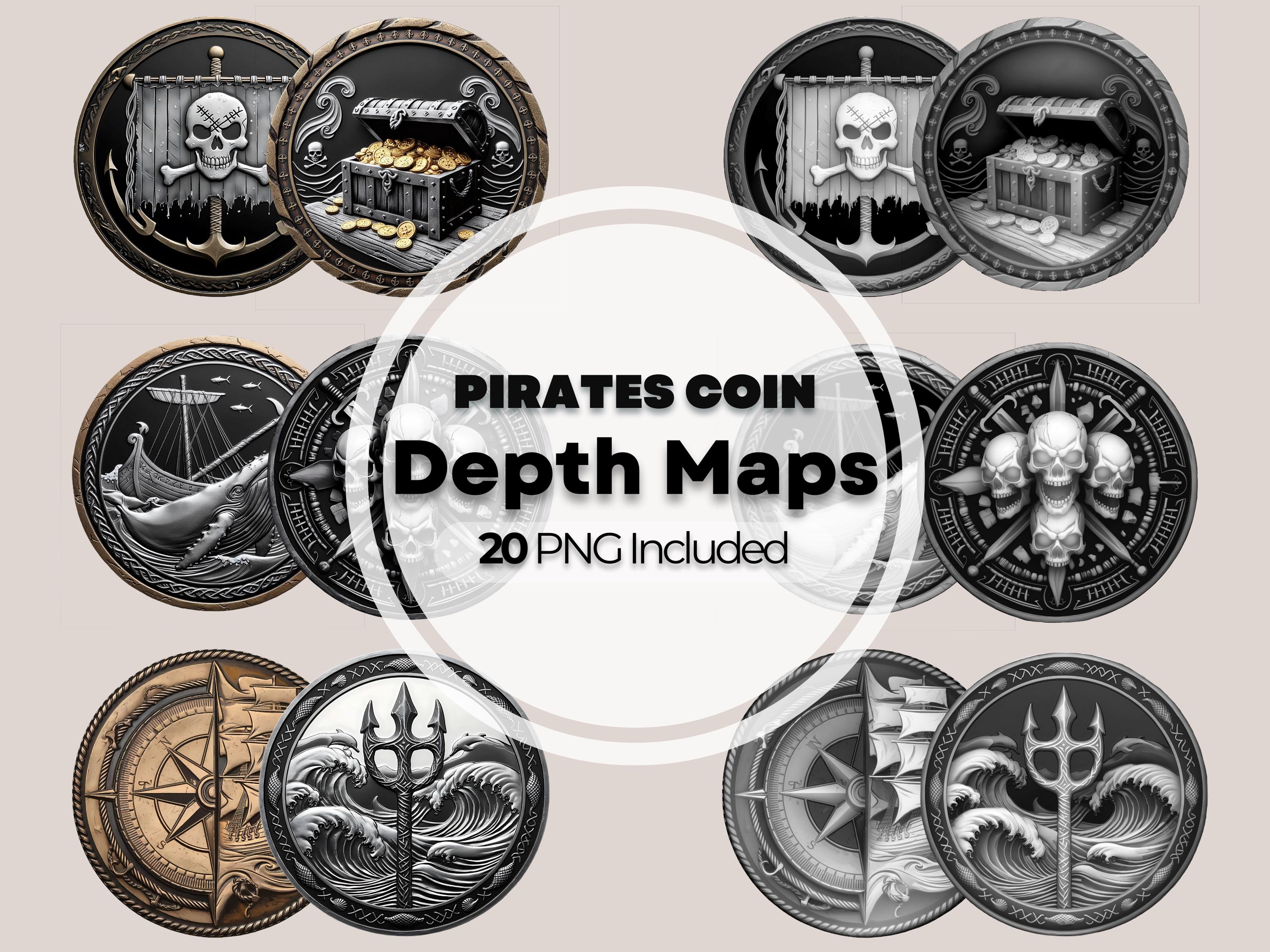 Pirate Coin 3D Depth Map PNG Bundle Pirates Treasure Laser Engrave Coin ...