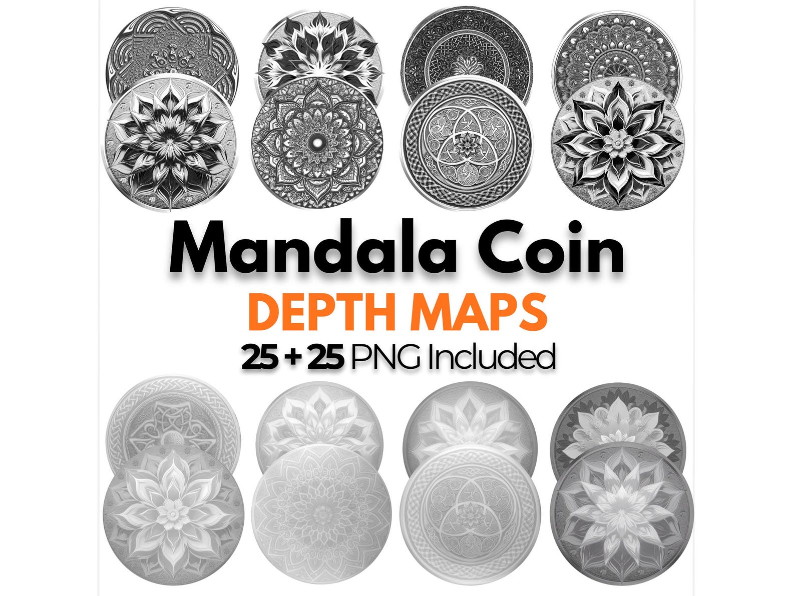 Mandala Coin Depth Map Pack: 3D Depth Maps for Laser Engraving (PNG ...