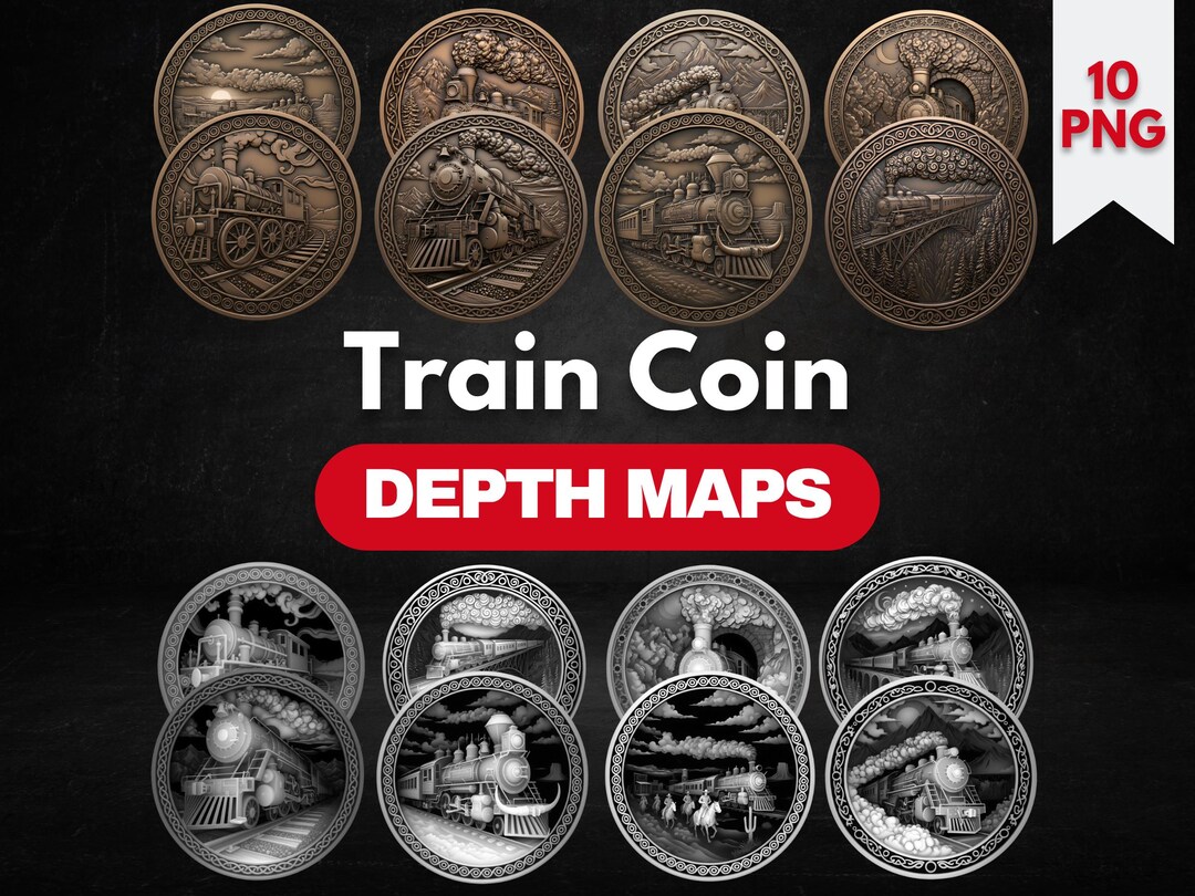 Vintage Train Coin Depth Map Bundle: 3D Depth Maps for Laser Engraving ...