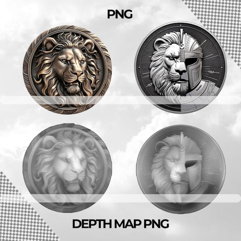 Lion Coin Depth Map Bundle: 3D Depth Maps for Laser Engraving (PNG ...