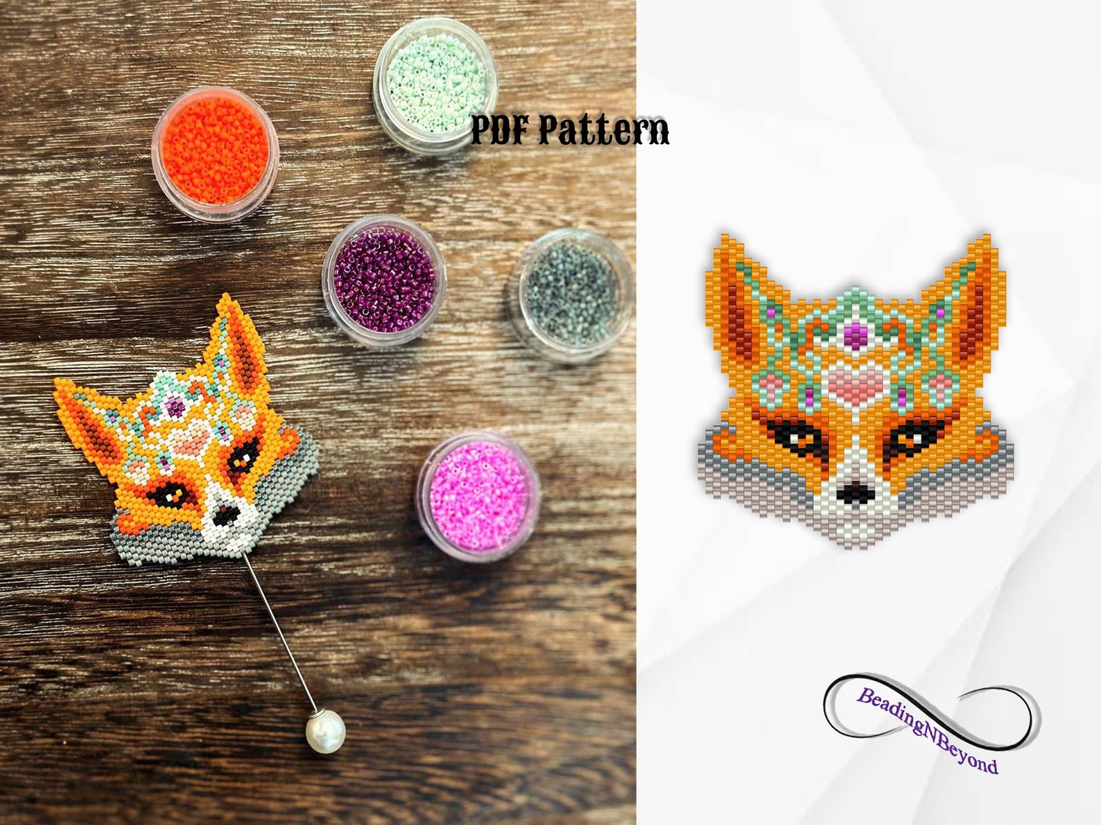 Fox Beading Pattern, Beaeded Mandala Fox Brooch, Beaded Fox Earrings ...