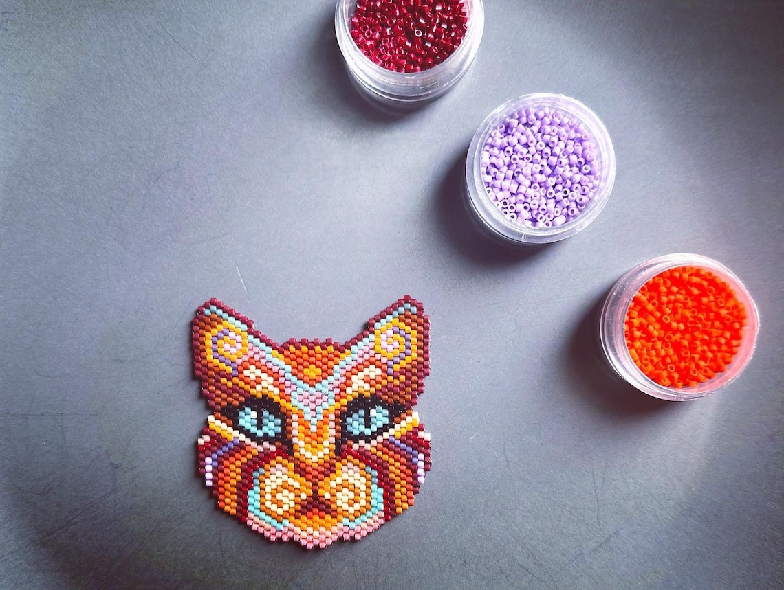 Cat Beading Pattern, Beaeded Mandala Cat Brooch, Beaded Cat Earrings ...