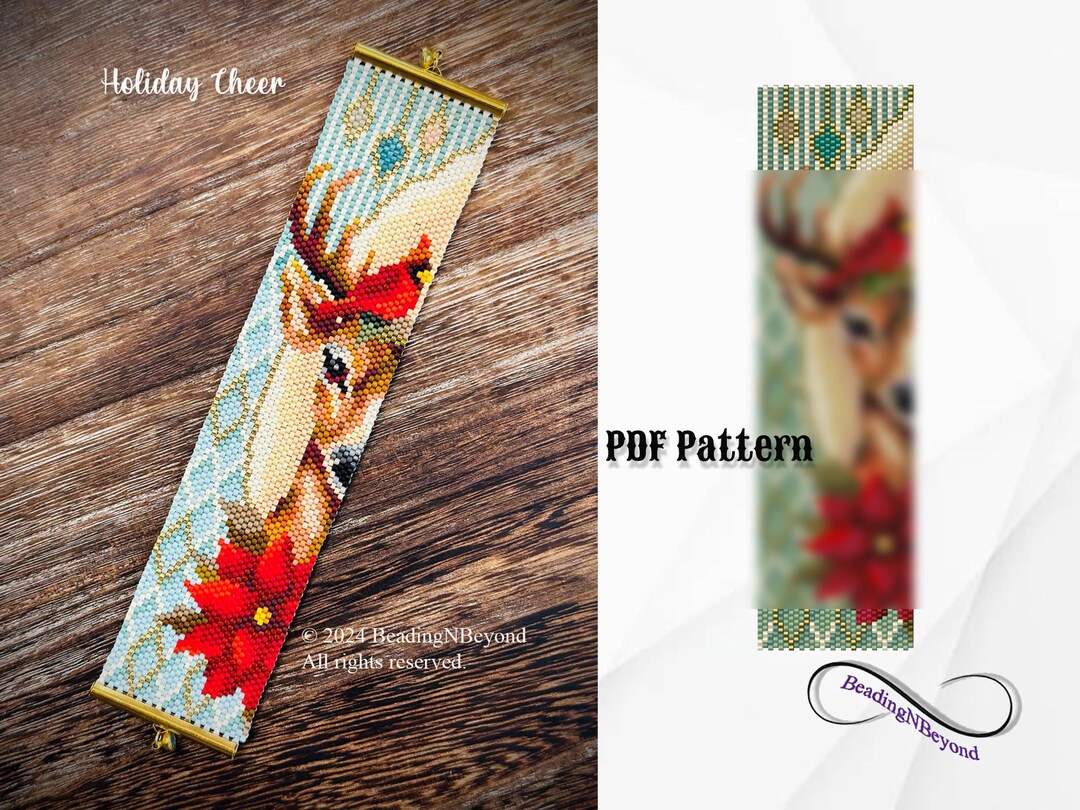 Christmas Cuff Bracelet Bead Pattern, Beaded Bookmark, Reindeer Beaded ...