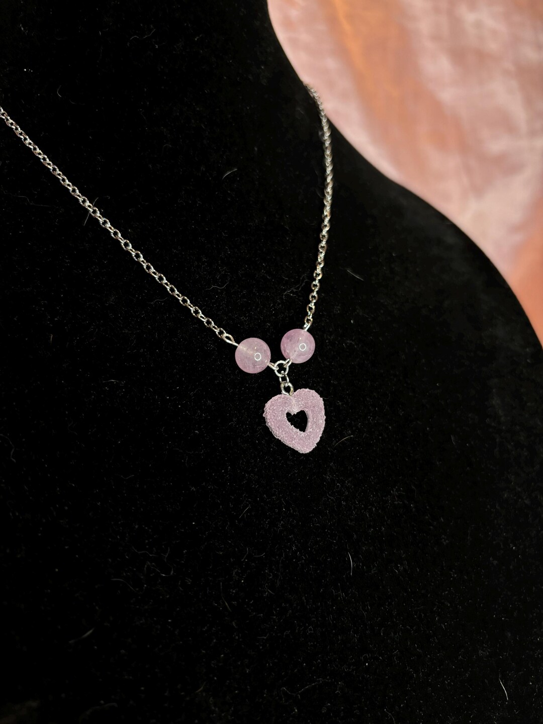 Pink Sugar Heart Valentine’s Day Necklace / Silver Adjustable Candy ...