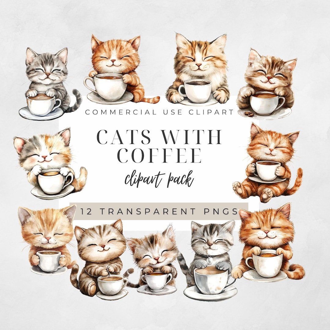 Cats With Coffee Png's Clip Art High Quality Upscaled Images 300DPI - Etsy