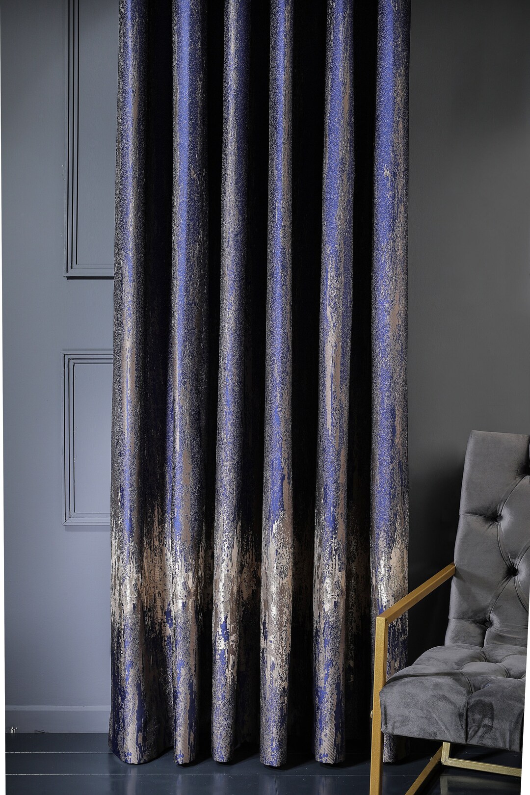 Custom Size Luxury Navy Blue and Gold Curtains, Color Options, Luxury ...