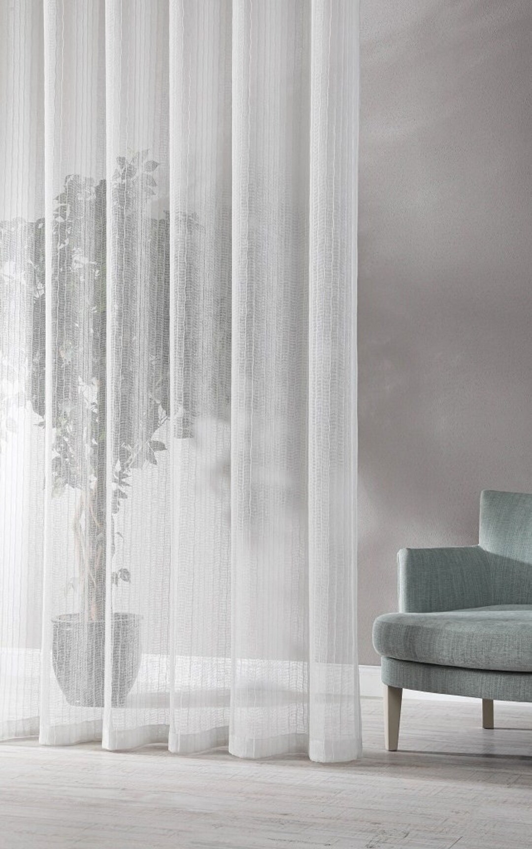 Custom Natural Linen Striped Sheer Curtains, Minimalist White Net ...
