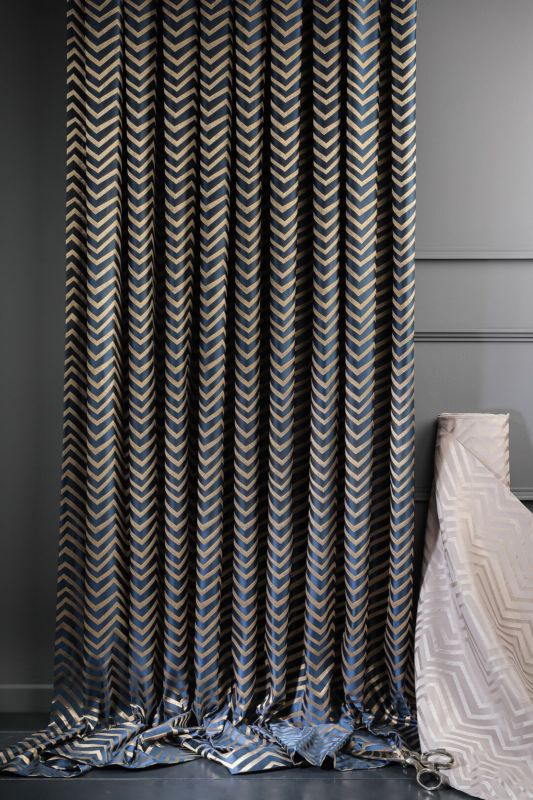 Custom Size Modern Geometric Stripe Curtain Panel, Navy Blue and Gold ...