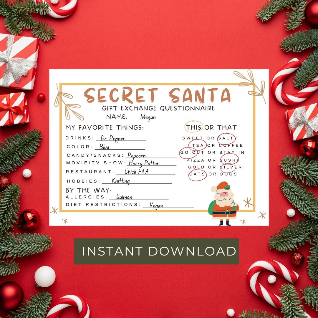 Secret Santa Questionnaire Printable Instant Download Gift Exchange ...