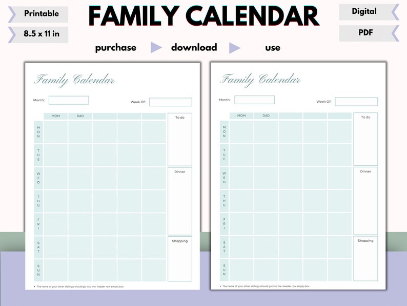 Simple Weekly Family Calendar, Monthly Organizer, Daily Weekly Task ...