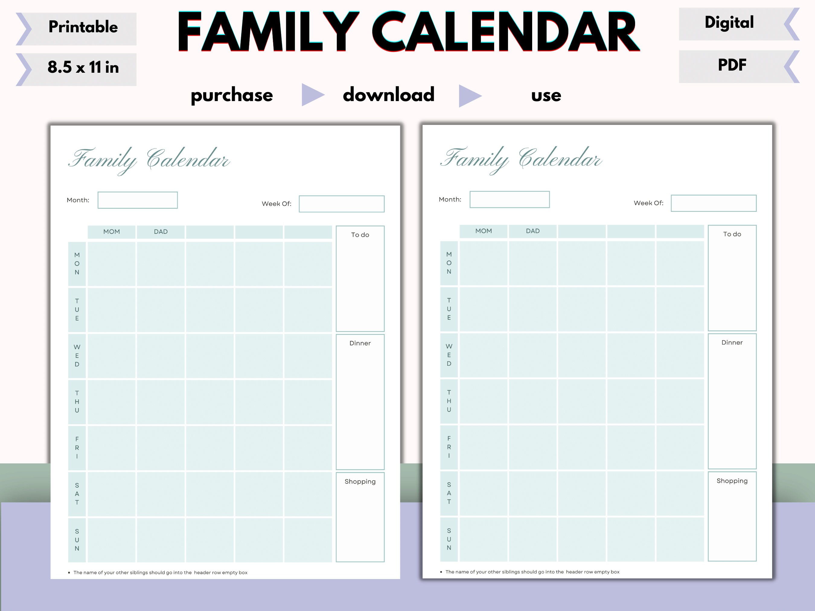 Simple Weekly Family Calendar, Monthly Organizer, Daily Weekly Task ...