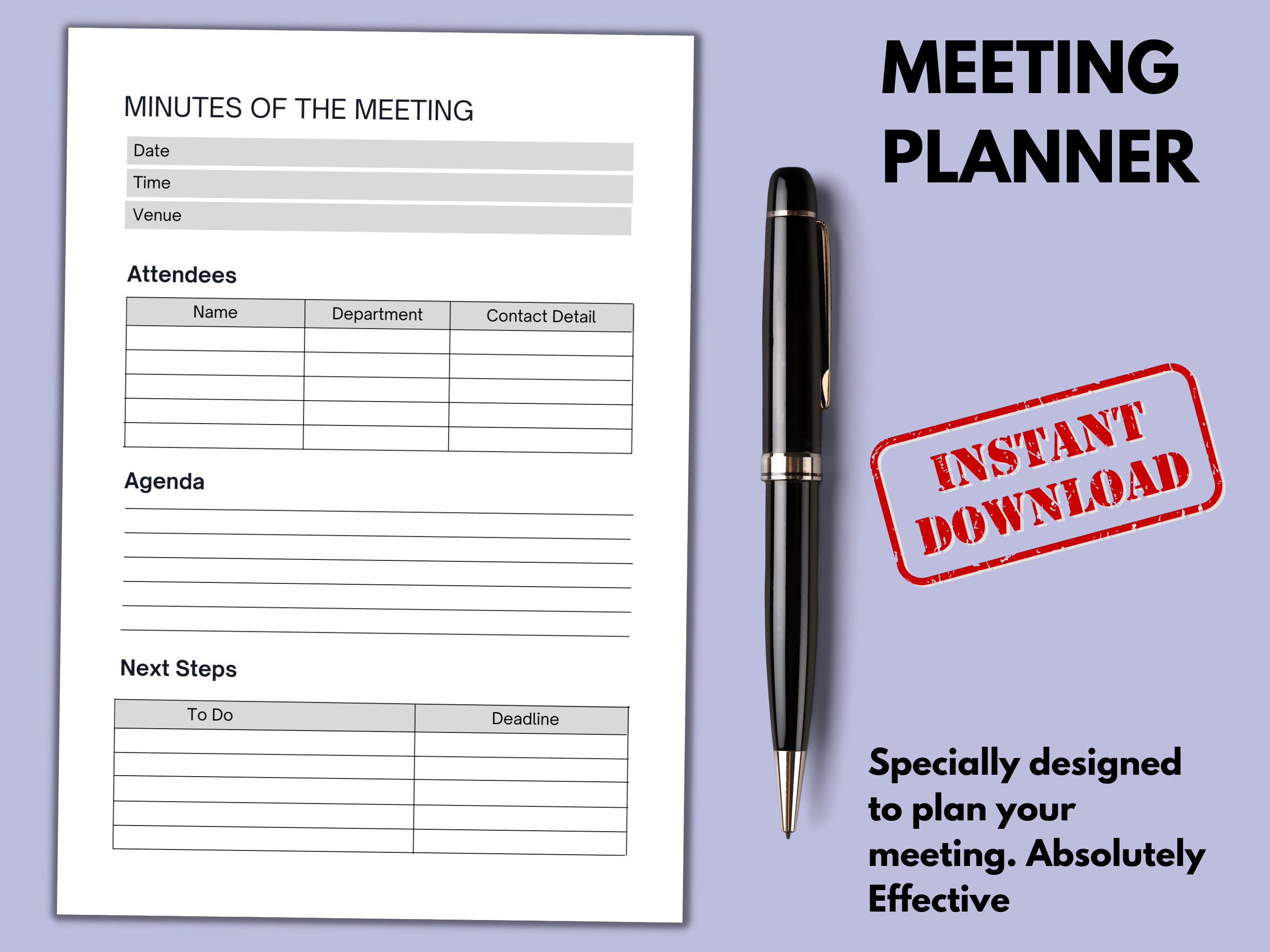 Meeting Minutes Planner, Meeting Agenda Organizer, Printable Meeting ...
