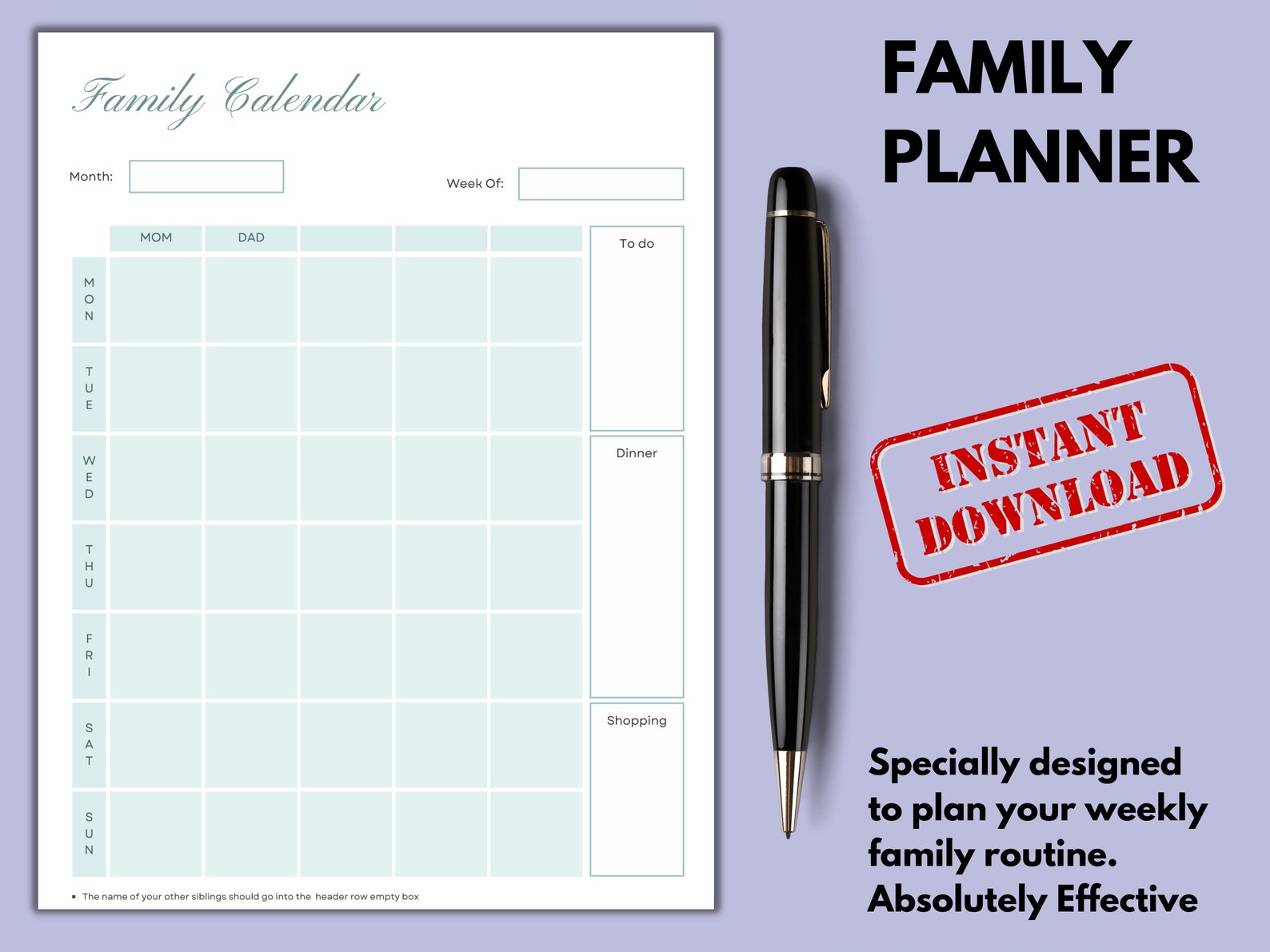 Simple Weekly Family Calendar, Monthly Organizer, Daily Weekly Task ...