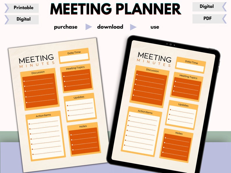 Meeting Minutes Planner, Meeting Agenda Organizer, Printable Meeting ...