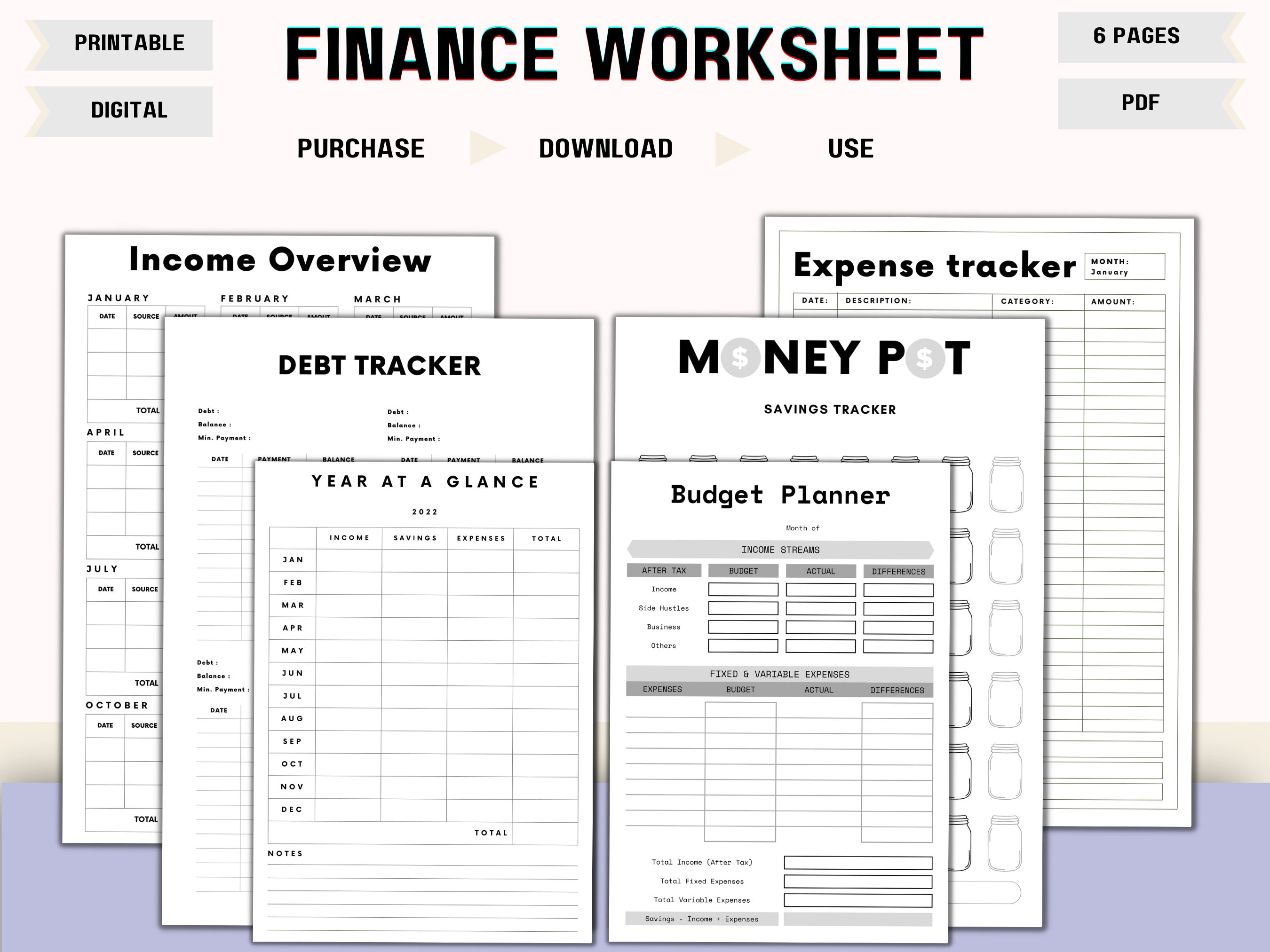 Printable Finance Worksheet, Income Workbook, Printable Expense Tracker ...