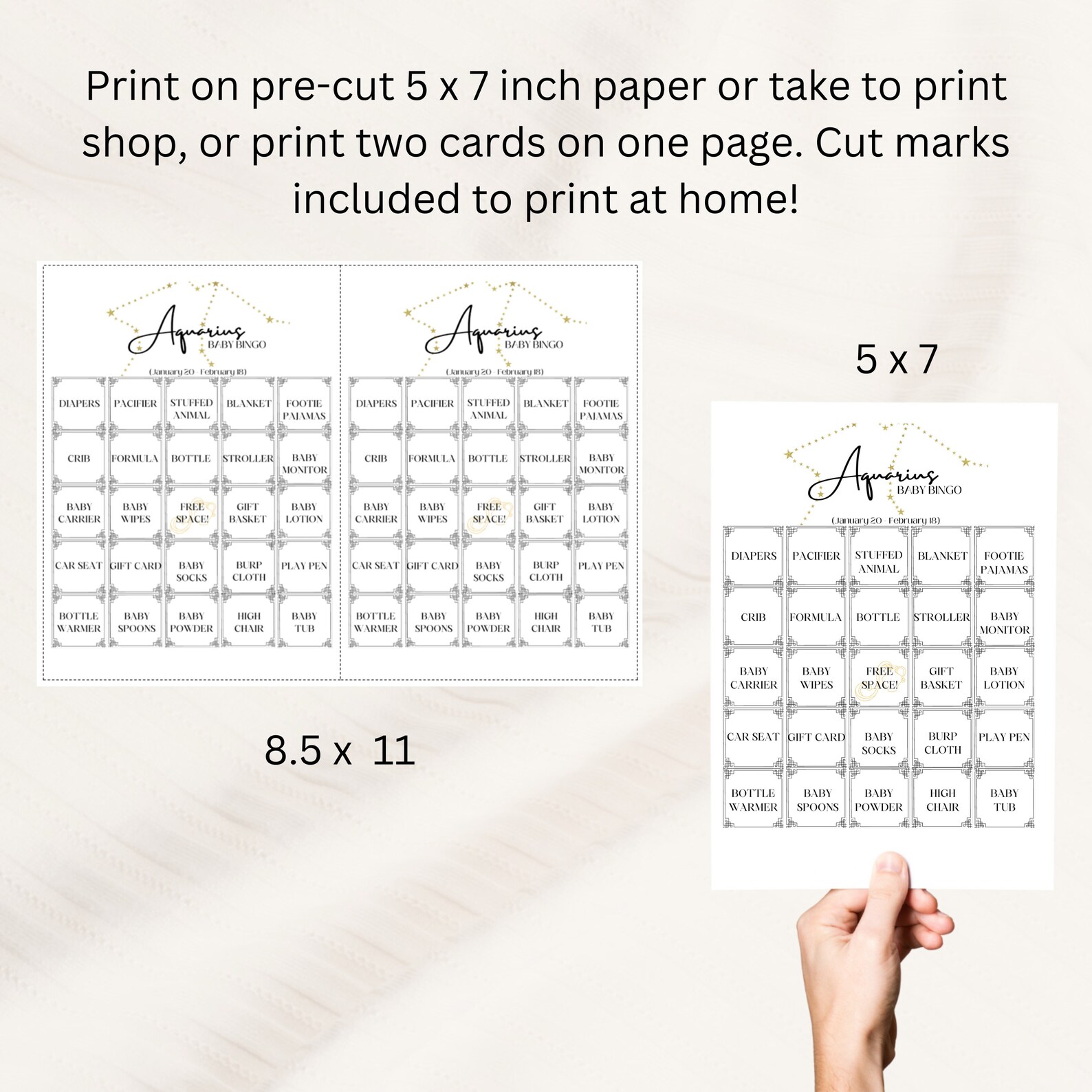 Printable Prefilled Capricorn Zodiac Themed Baby Shower Bingo Cards ...