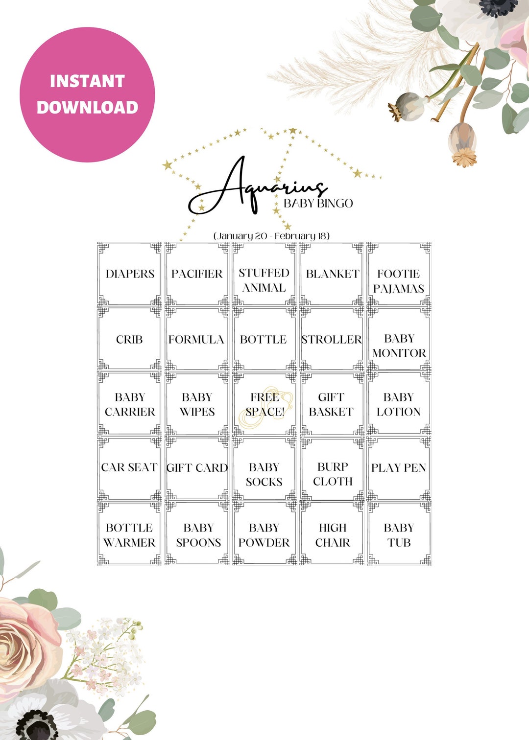 Printable Prefilled Aquarius Zodiac Themed Baby Shower Bingo Cards, Baby Shower Bingo Cards ...