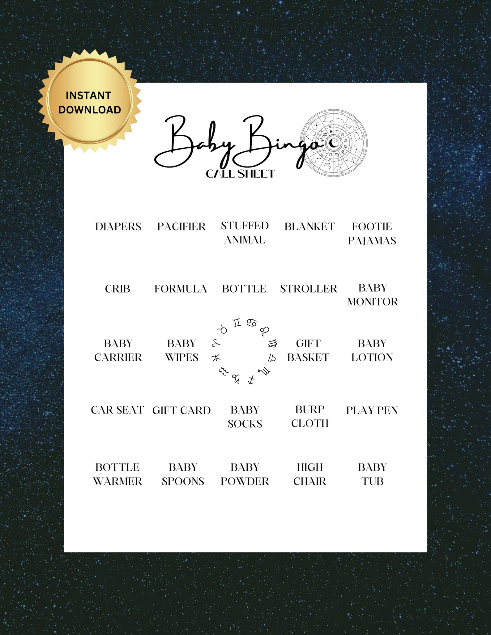 Printable Prefilled Capricorn Zodiac Themed Baby Shower Bingo Cards ...