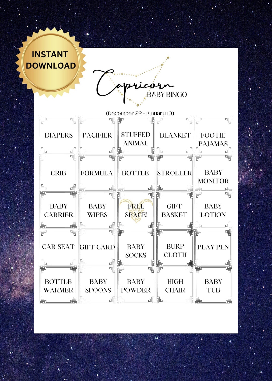 Printable Prefilled Capricorn Zodiac Themed Baby Shower Bingo Cards ...