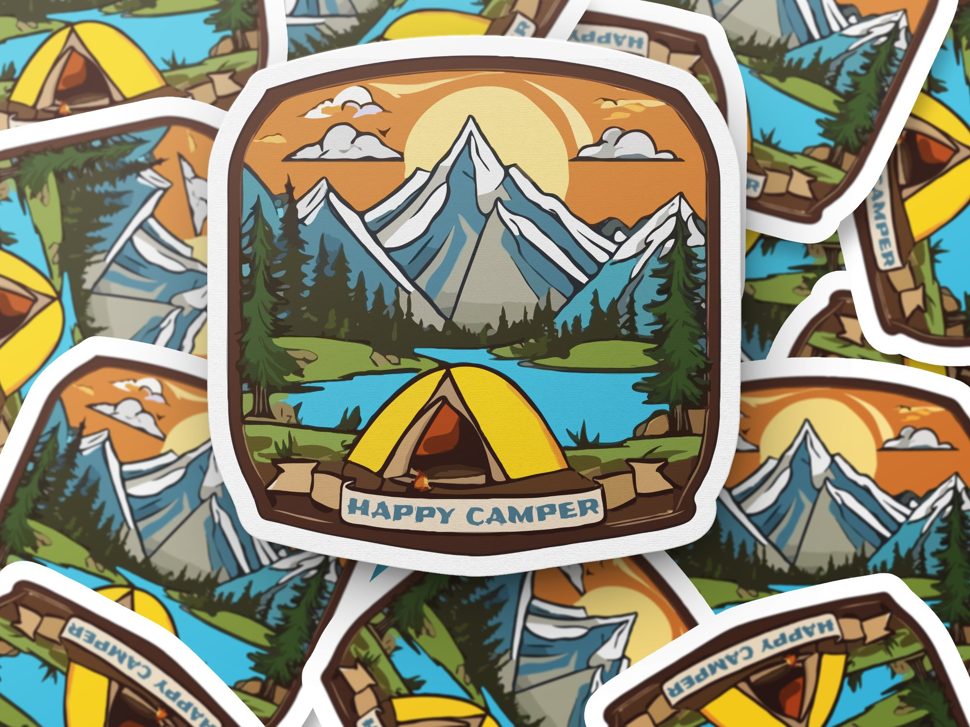 Happy Camper Mountain Scene Vinyl Sticker, Outdoor Nature Decal ...