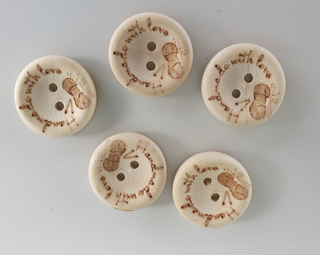 Buttons - Set of 5 Beige Handmade W/ Love Wooden Buttons W/ Knitting ...