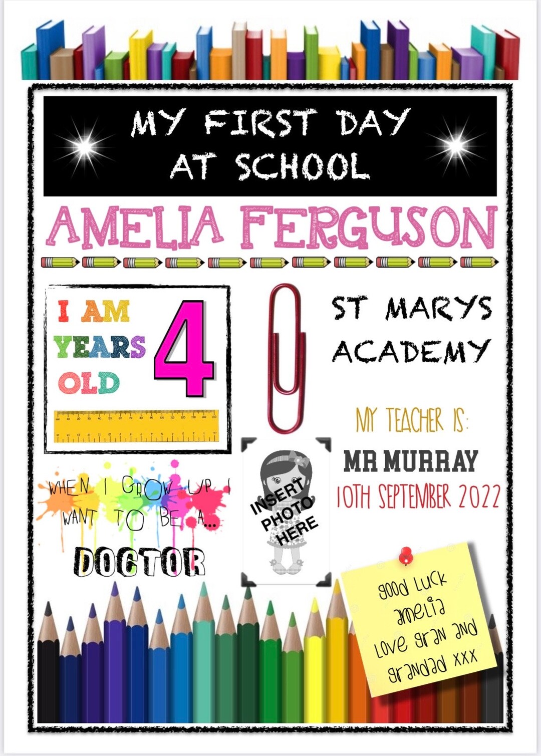 Personalised First Day at School Poster Keepsake Starting School ...