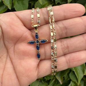 14k Blue Diamond Cross Necklace Gold Plated 20” Long - Cadena Cruz Blue ...