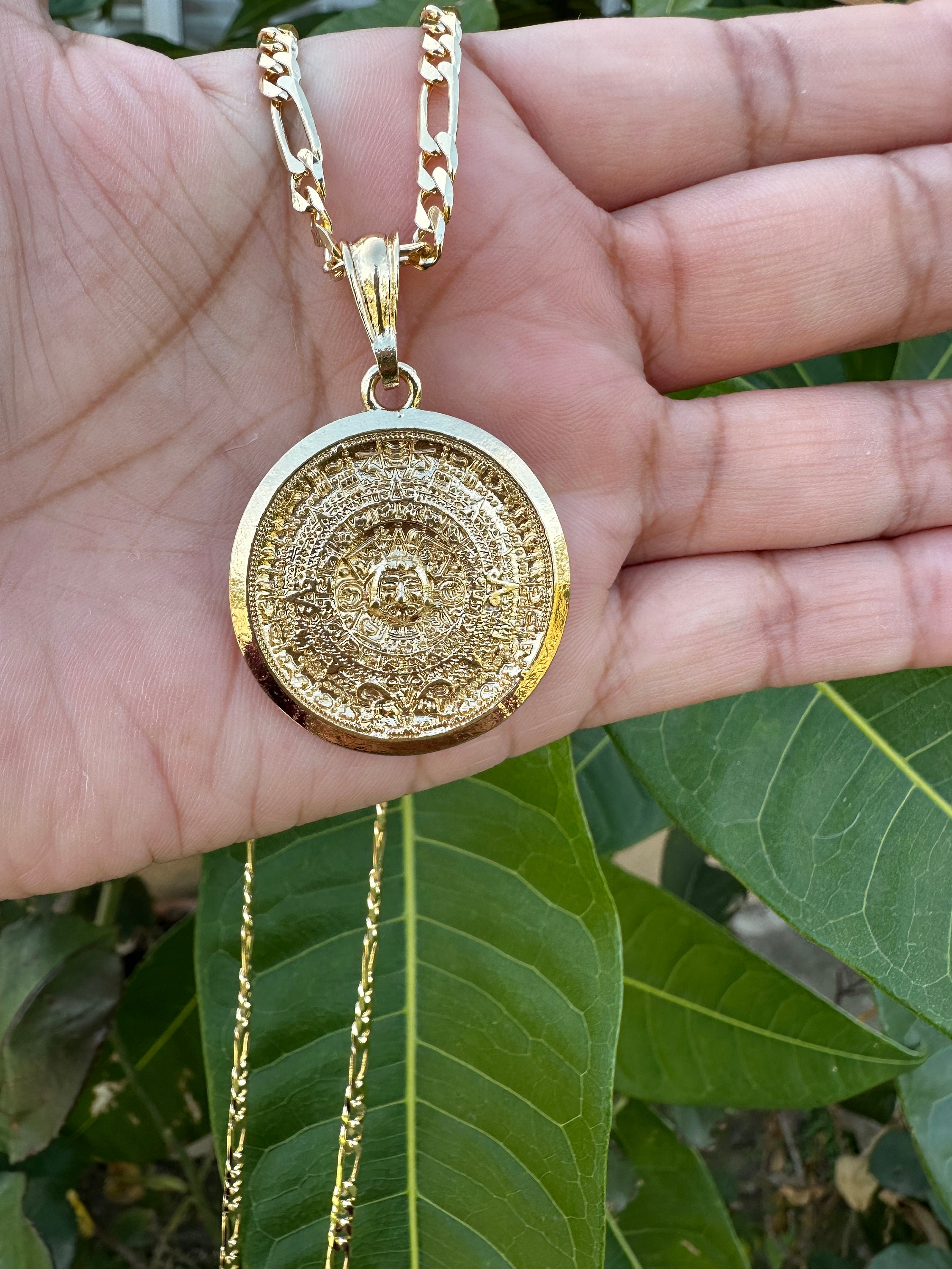 Gold Plated Calendar Aztec Pendant Necklace 14K Gold Plated Calendar Aztec Gold Color Pendant with Figaro Chain 24 Calendario Azteca