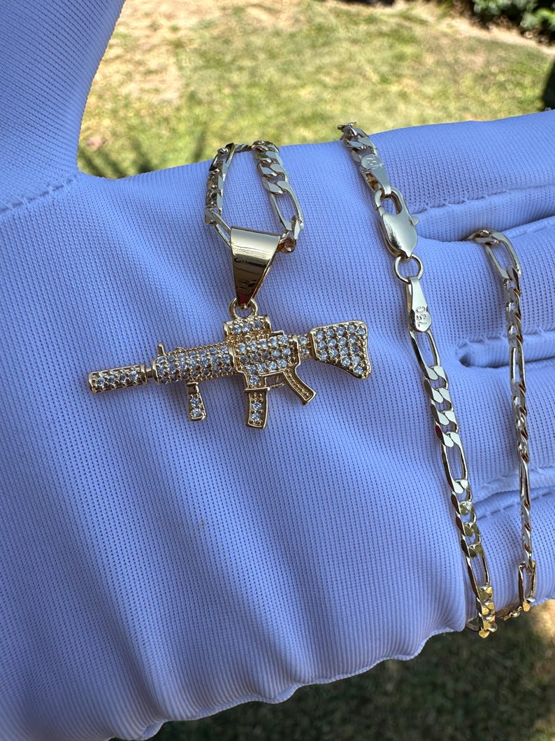 14k Gold Plated Ak47 Iced Out Pendant, Gun Necklace, Hip Hop Necklace ...
