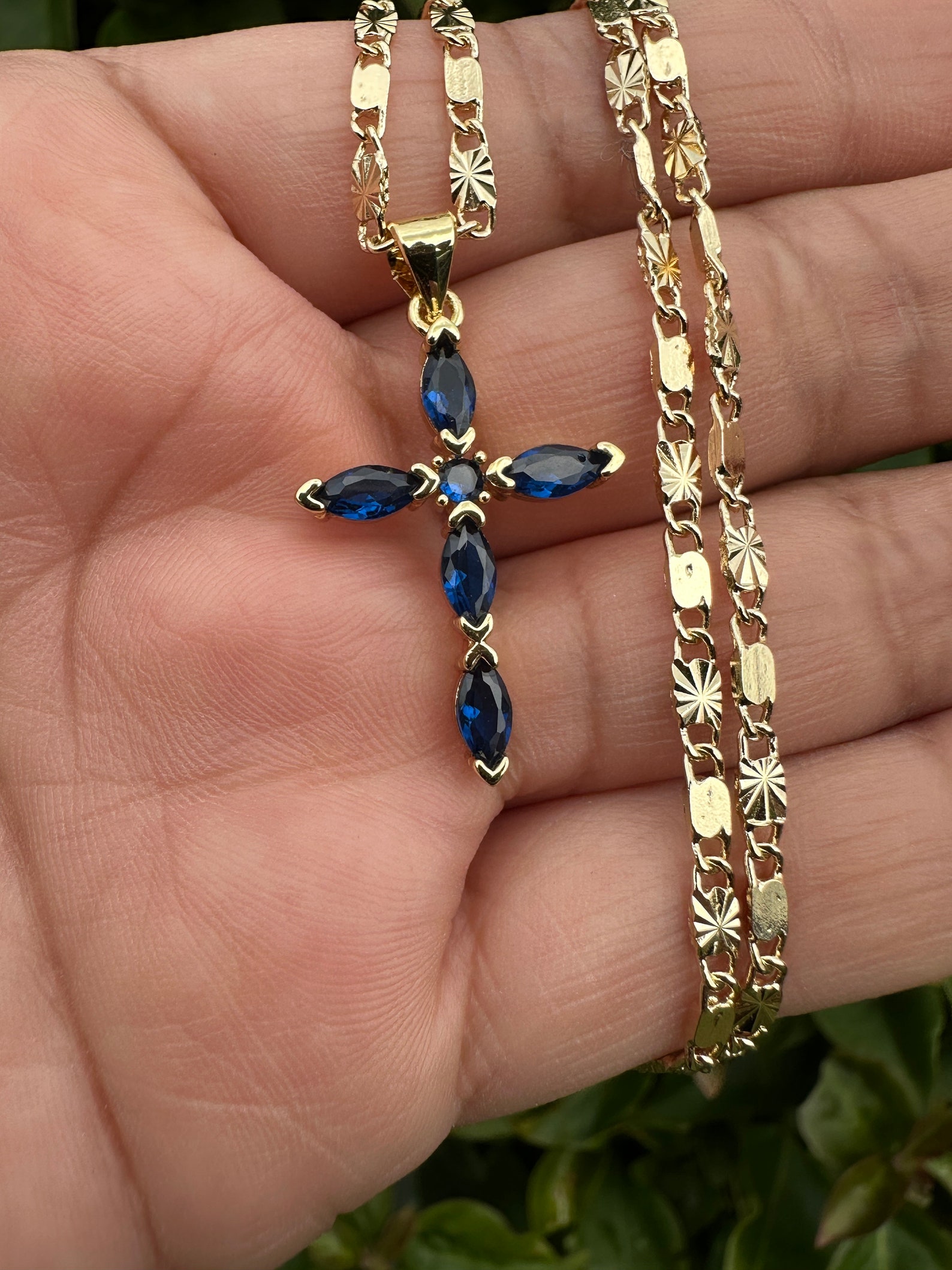 14k Blue Diamond Cross Necklace Gold Plated 20” Long - Cadena Cruz Blue ...