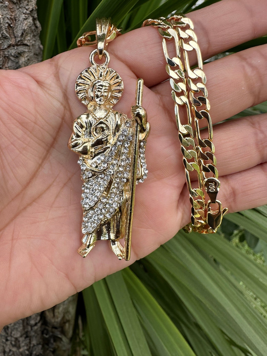 San Judas Tadeo Necklace Men's 14k Gold Plated 5X Layered Iced Saint ...