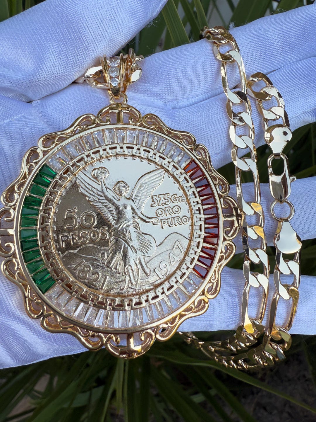 14k Gold Plated Centenario Necklace: Mexican Figaro Chain 24” - Etsy