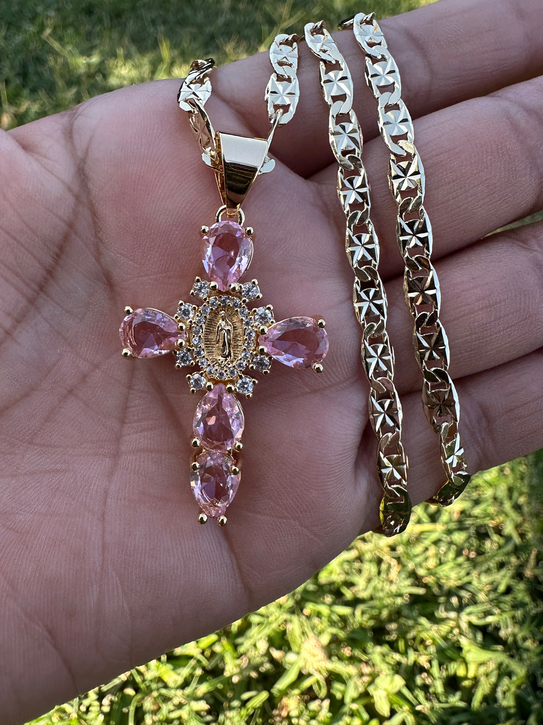Virgen De Guadalupe Diamond Cross Necklace, Pink Diamonds for Him or ...