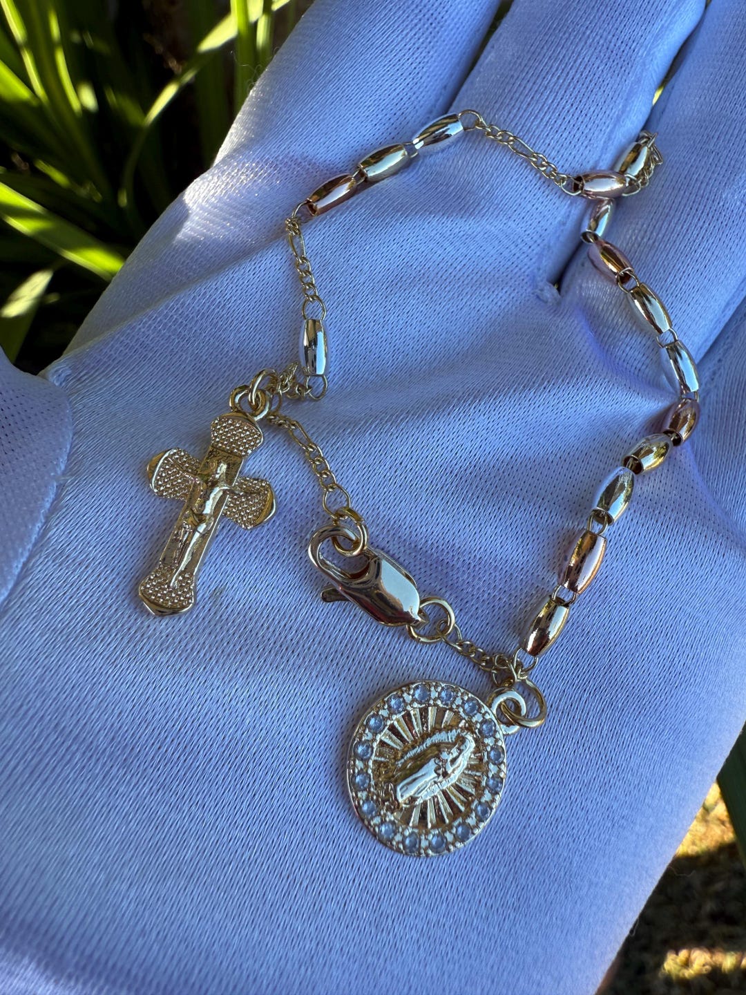Virgin Mary Rosary Bead Bracelet With Dangle Cross Charm • Mother Mary ...
