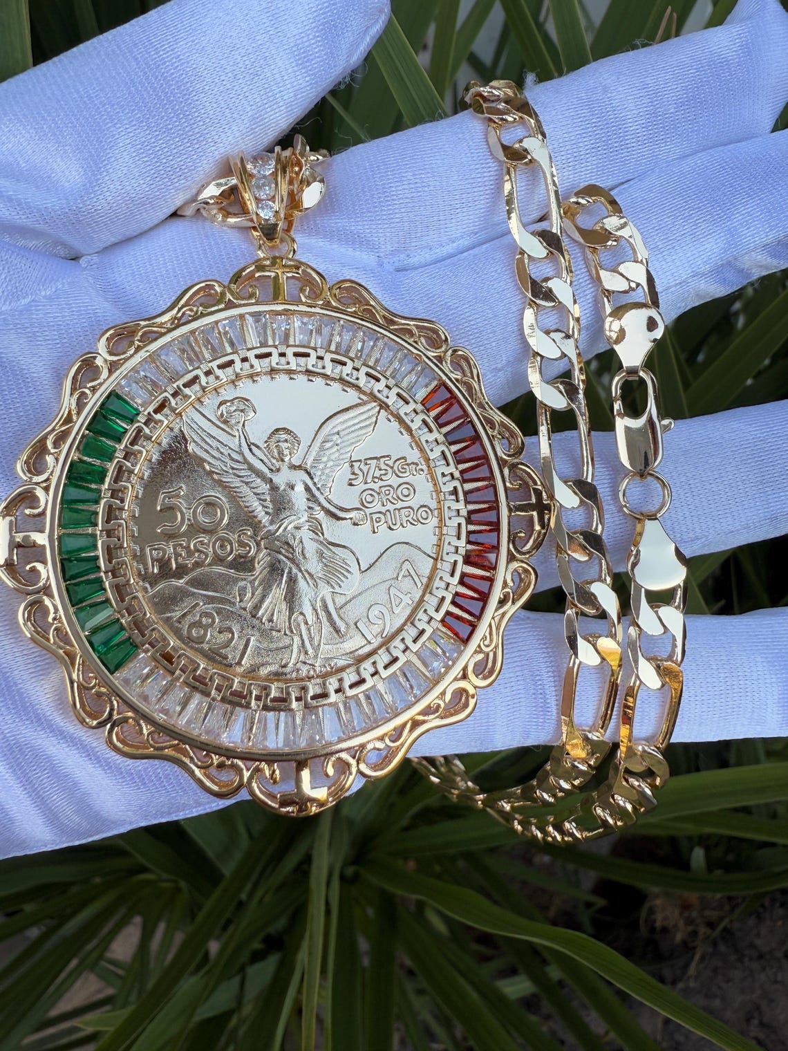 14k Gold Plated Centenario Necklace: Mexican Figaro Chain 24” - Etsy