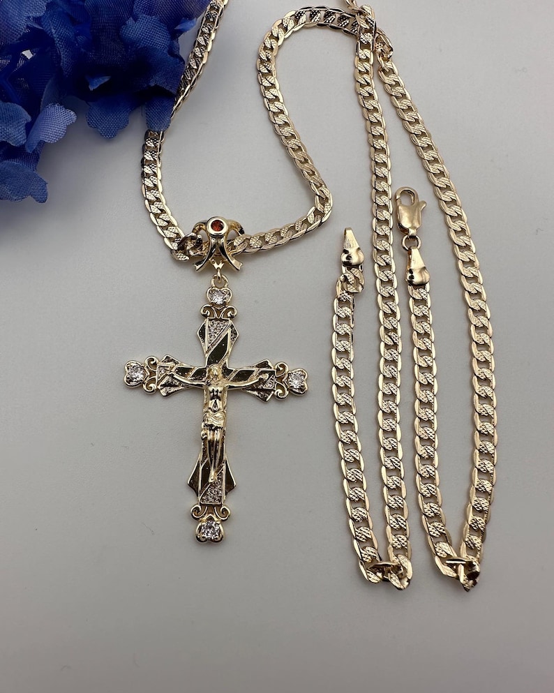14k Gold Plated Cross Jesus Necklace - Cadena Cruz Jesus Oro Bañado - Etsy